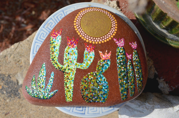 Painted Rock Desert, Cactus Rock, Cactus Garden, Hand Painted Rock, So ...