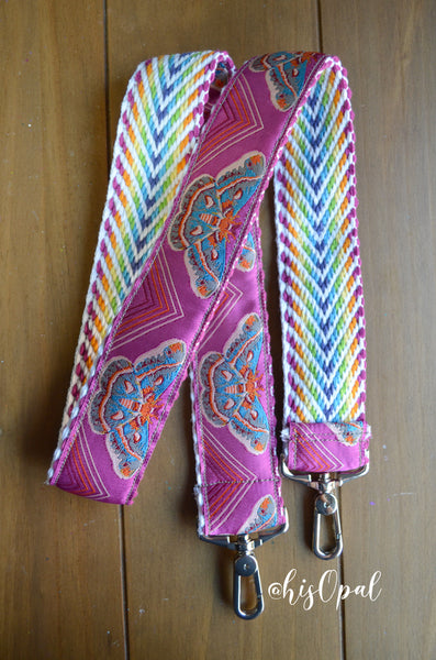 Hand Made Purse Strap, Raspberry Luna Moth, Rainbow Back, Cross Body S ...